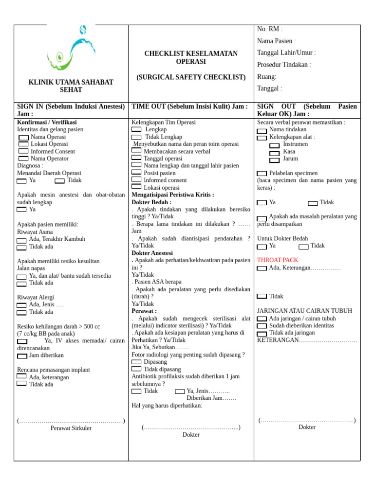 Checklist Keselamatan Operasi Klinik Sahabat Sehat | PDF