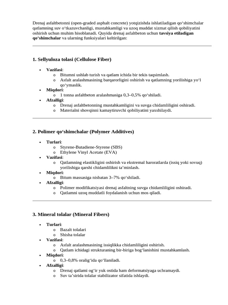 Drenaj Asfaltbetonni Turi Qoshimchaalr | PDF