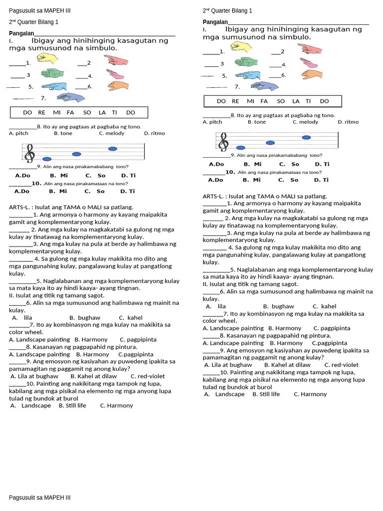 MAPEH-QUIZ-1QUARTER-2-WEEK-1-4-MUSIC-AND-ARTS | PDF