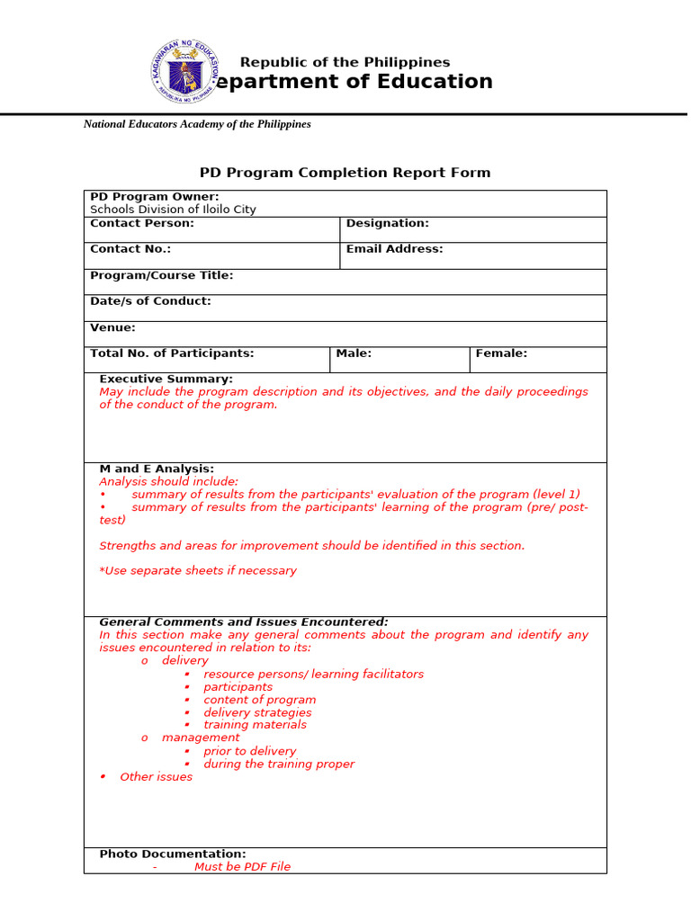 PD Program Completion Report Form INSET | PDF