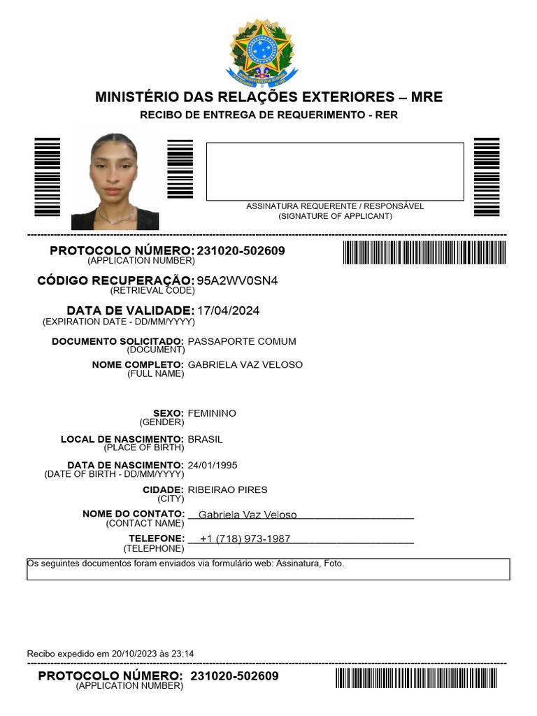 Recibo de Requerimento de Passaporte | PDF