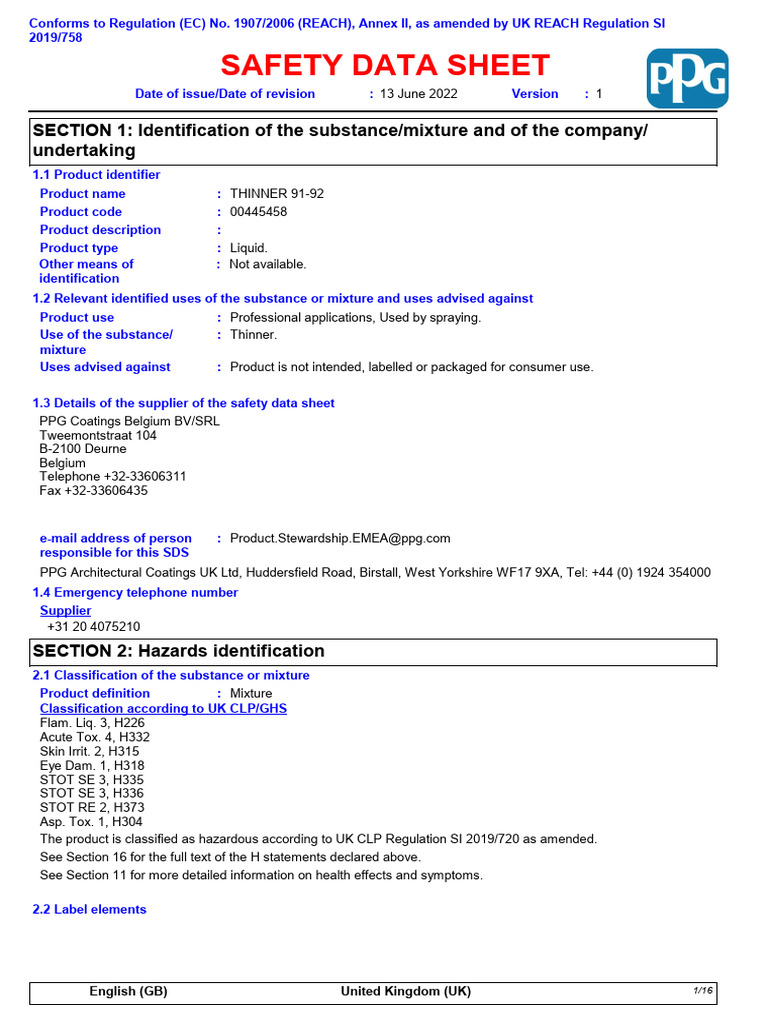PPG Thinner 91 92 SDS Promain 13 06 2022 | PDF | Safety | Occupational Safety And Health