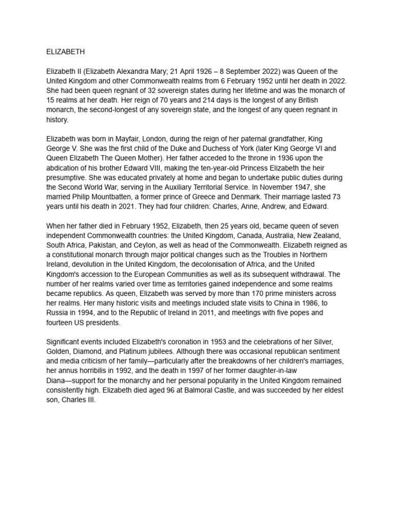 ELIZABETH | PDF | Elizabeth Ii | Royalties