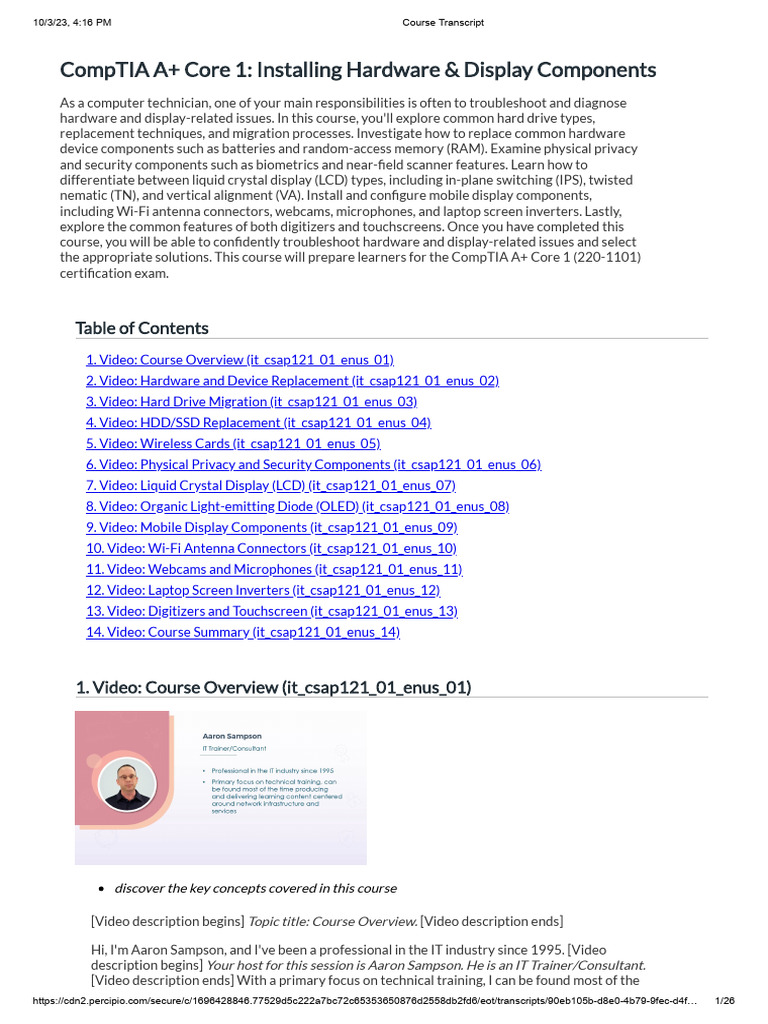 CompTIA A+ (220-1101) Installing Hardware & Display Components | PDF ...