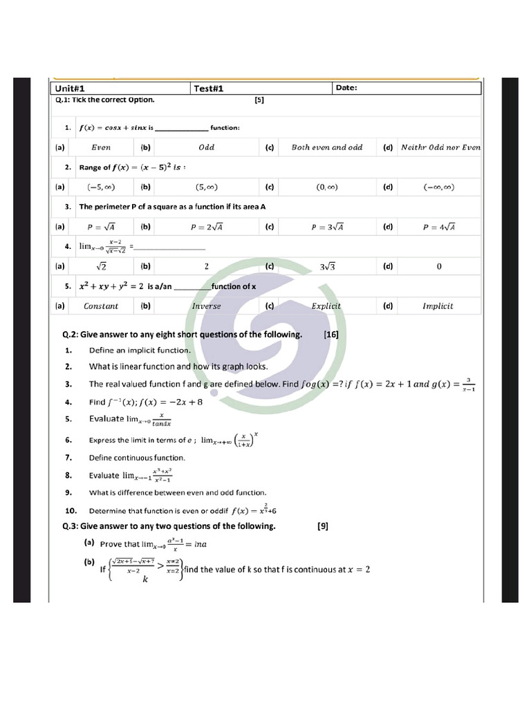 Second Year Mathematics Test Series | PDF