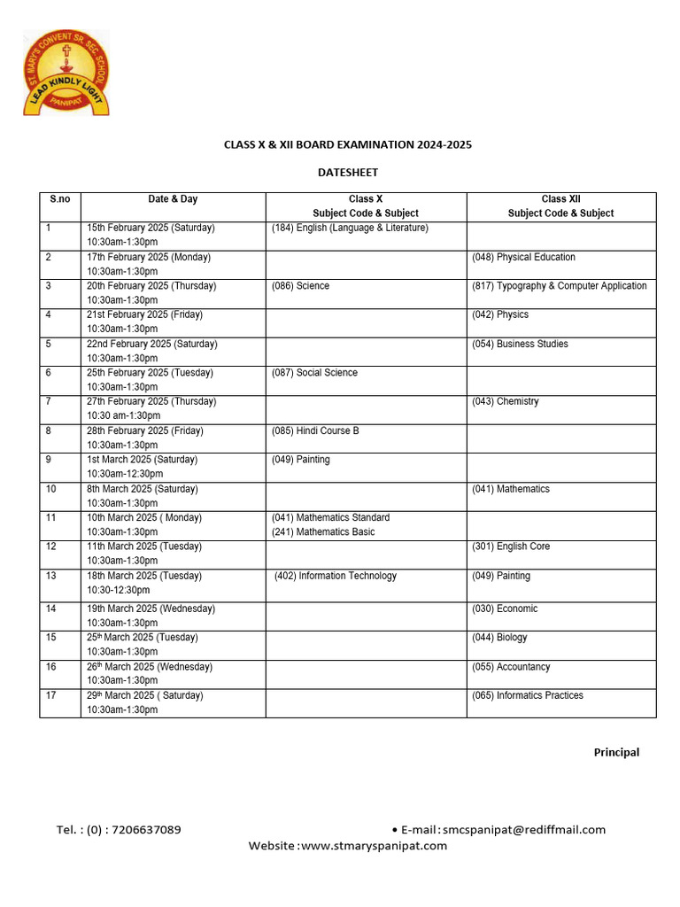 Board Examination Datesheet X & XII 2024-2025 | PDF