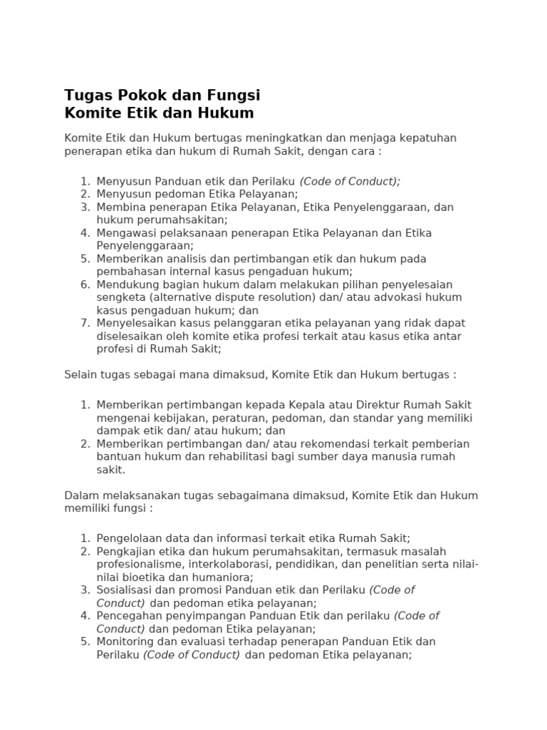 Tugas Pokok Dan Fungsi Komite Etik Dan Hukum | PDF
