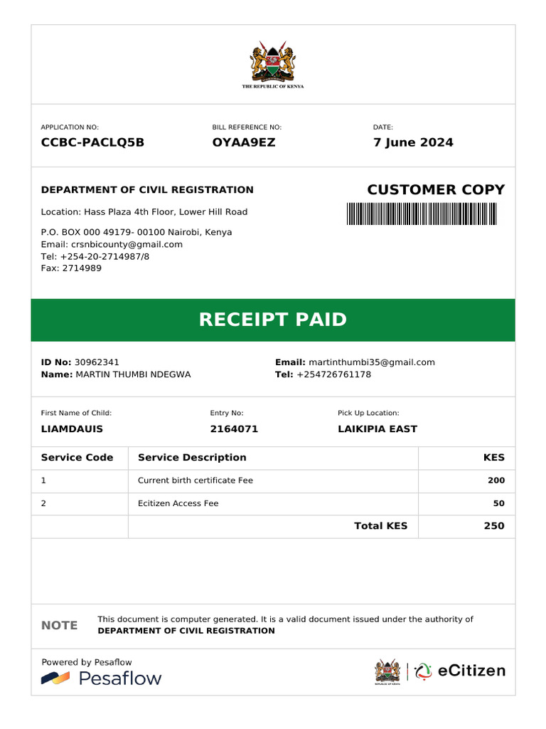 Ccbc Paclq5b Civil Registration Receipt | PDF | Government And Personhood