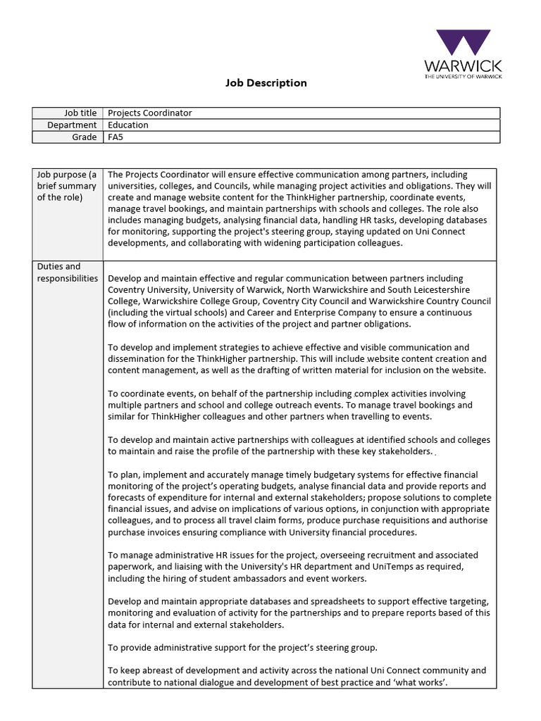 JD - Projects Coordinator (109394) | PDF | Business