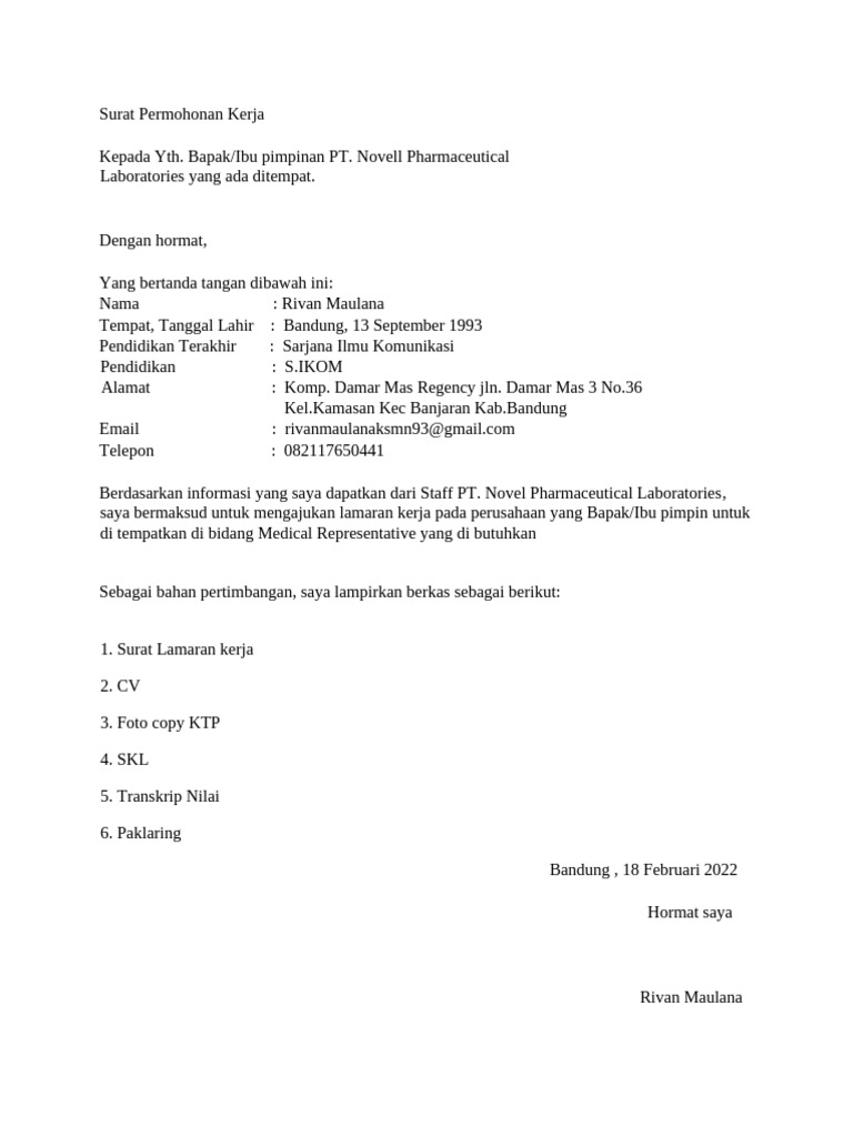 Surat Lamaran Kerja Rivan Maulana | PDF