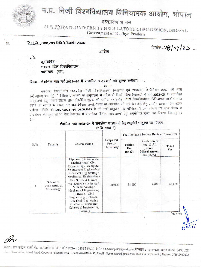 SARDAR PATEL UNIVESRCITY, Balaghat - MP. Fee Stru. | PDF