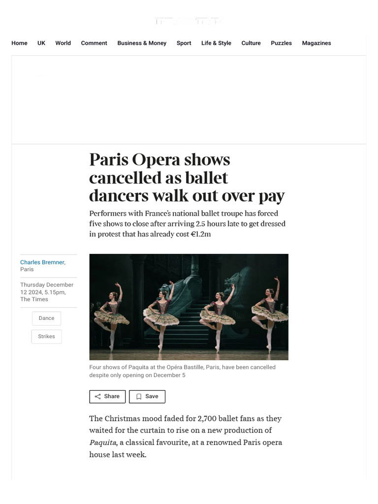 Paris Opera Shows Cancelled As Ballet Dancers Walk Out Over Pay | PDF