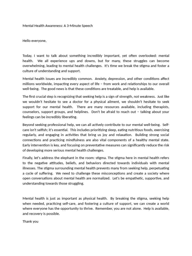Mental Health Awareness Speech | PDF