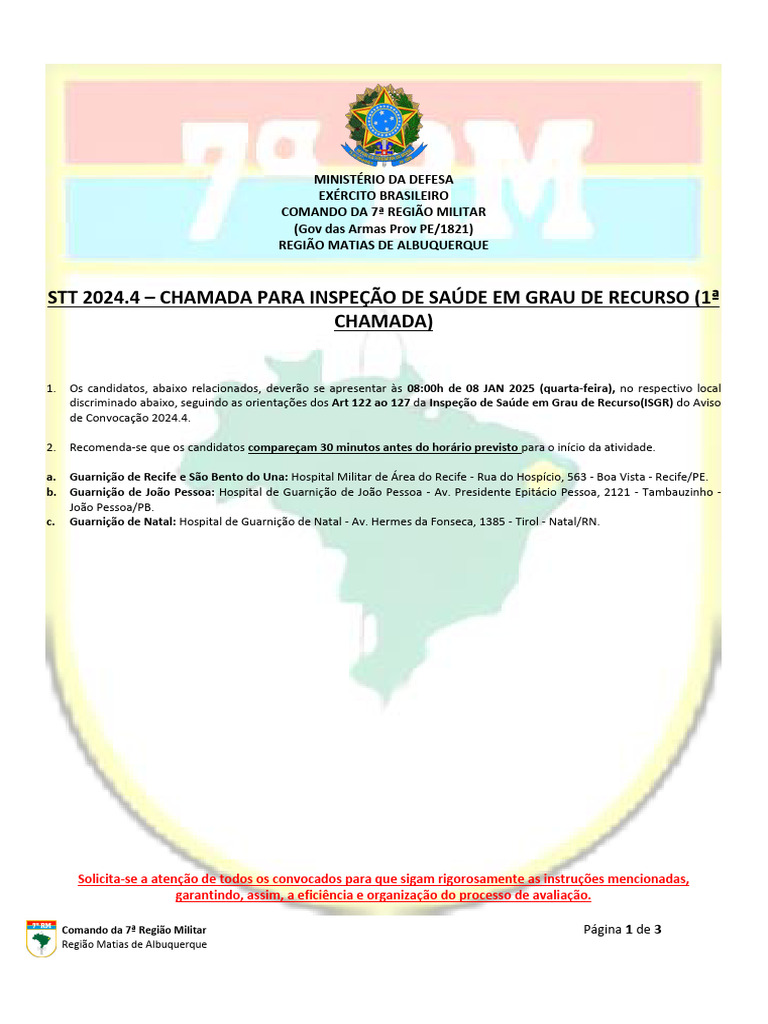 STT - Chamada para Insp Sau em Grau de Recurso 1 Chamada | PDF | Brasil | Militar