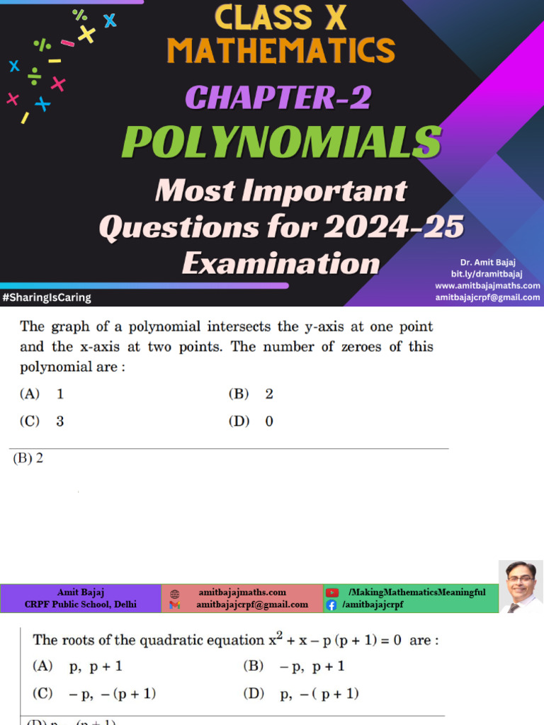 Class X POLYNOMIALS Important Questions For 2024-25 Examination (Dr. Amit Bajaj) | PDF | Schools ...