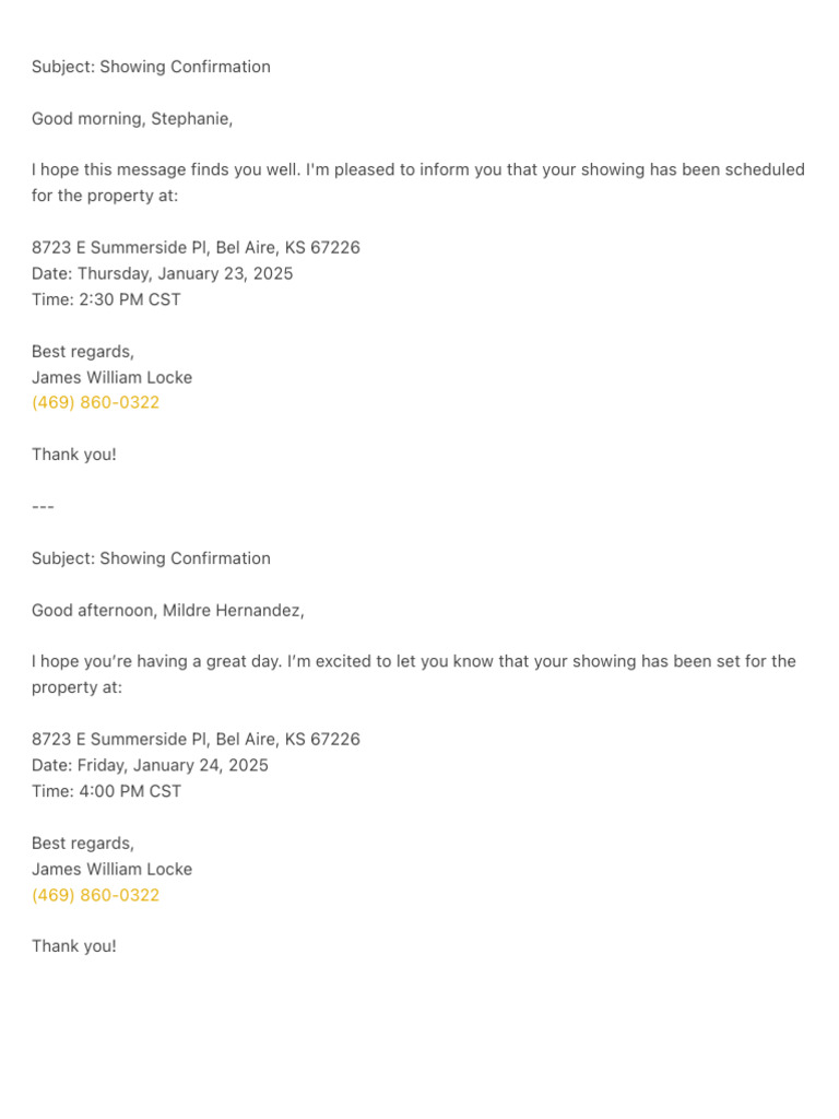 Property Showing Confirmations | PDF