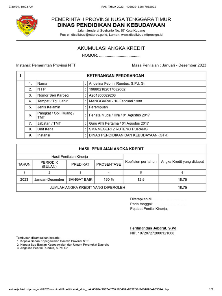 Penetapan Angka Kredit Guru NTT 2023 | PDF