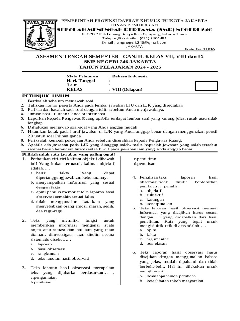 ATS GANJIL BAHASA INDONESIA KELAS 8 20242025 | PDF