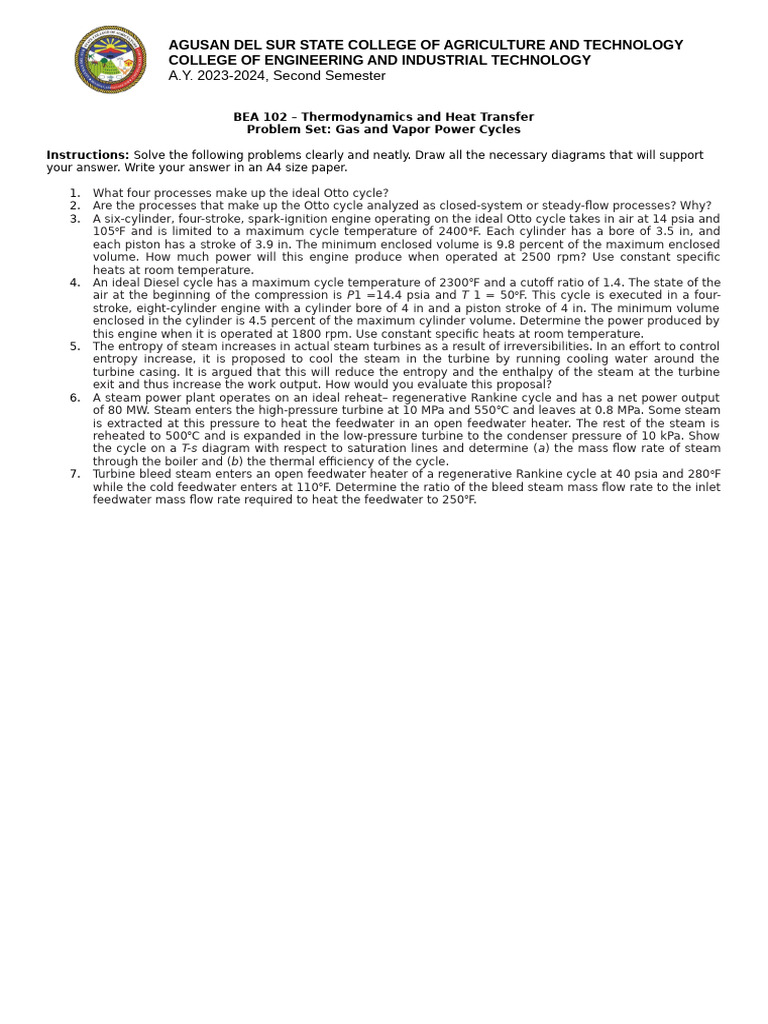 PS2 Gas and Vapor Cycle | PDF | Steam | Engine Technology