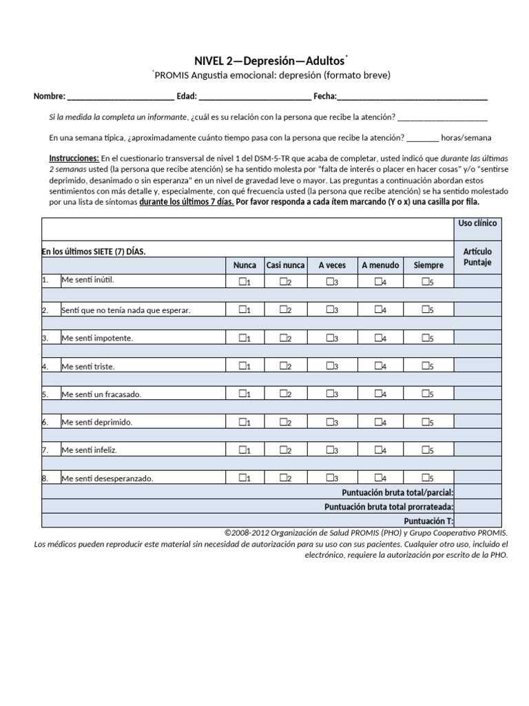 NIVEL 2-Depresión-Adulto (PROMIS Malestar Emocional-Depresión-Forma ...