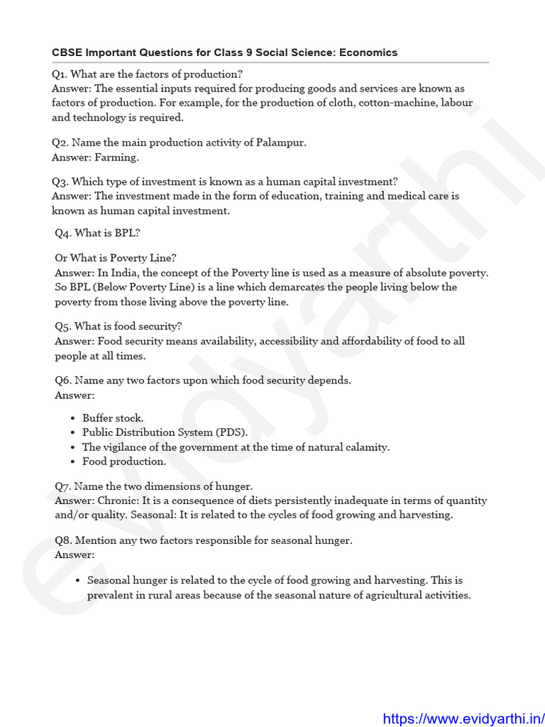 important-question-cbse-class-9-economics-all-chapters | PDF | Food ...