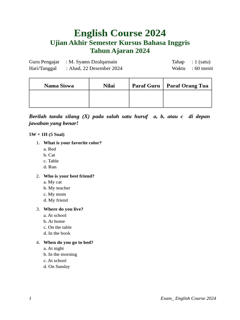 English Course 2024 Exam | PDF | Syntax | Linguistic Morphology
