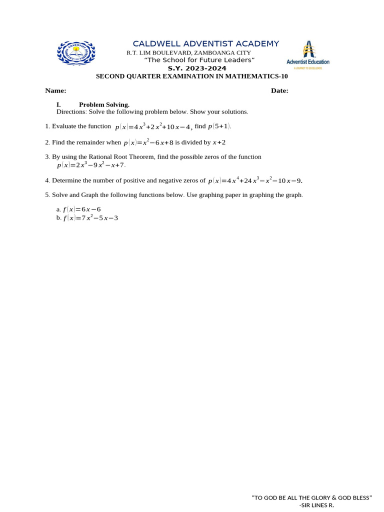 Second Grading Exam in Math10 (AutoRecovered) | PDF