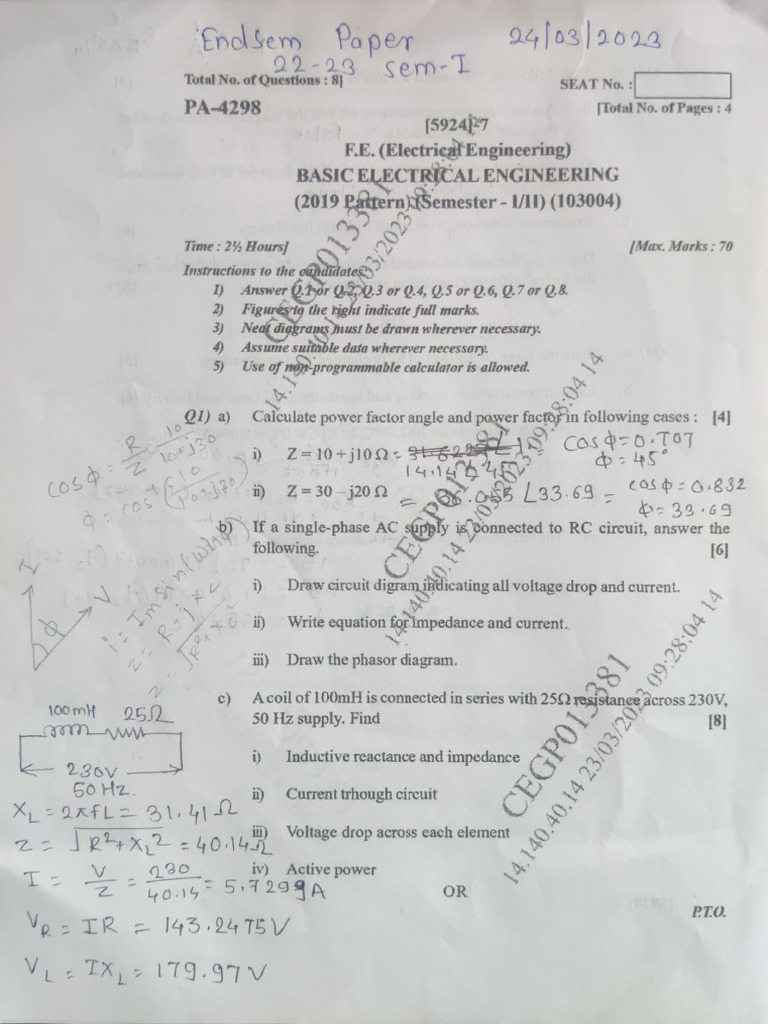 Basic Electrical Engineering Exam Paper | PDF | Electrical Engineering | Electromagnetism