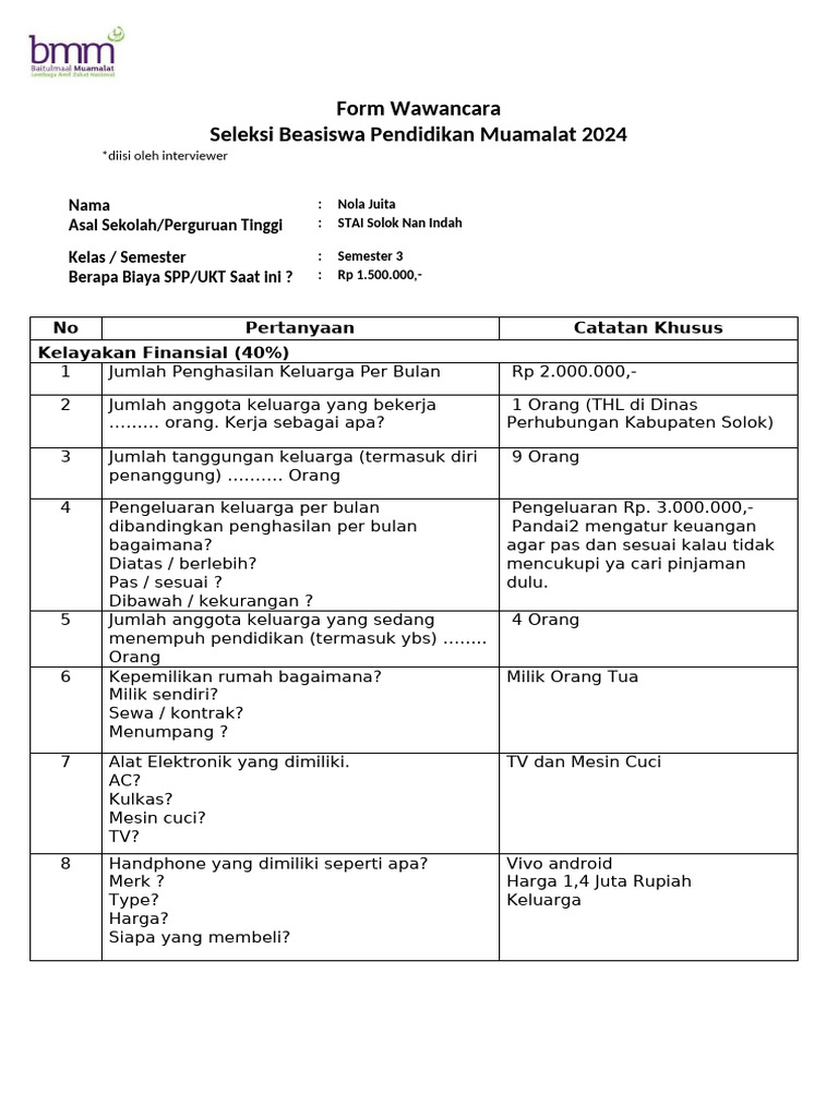 Form Wawancara Calon Penerima BPM 2024 | PDF