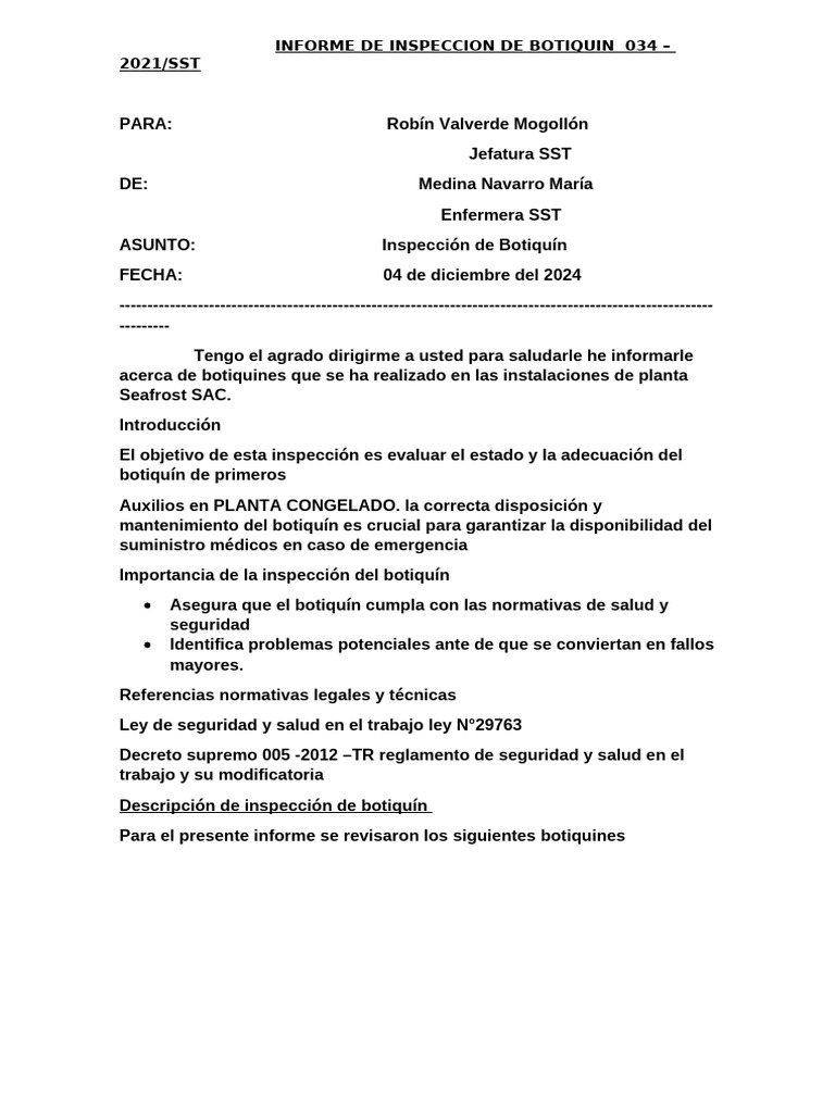 Informe de Inspeccion de Botiquin 034 | PDF