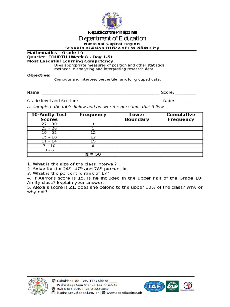 MATH-10-WORKSHEET-QTR4-Week-8 | PDF | Percentile | Quartile