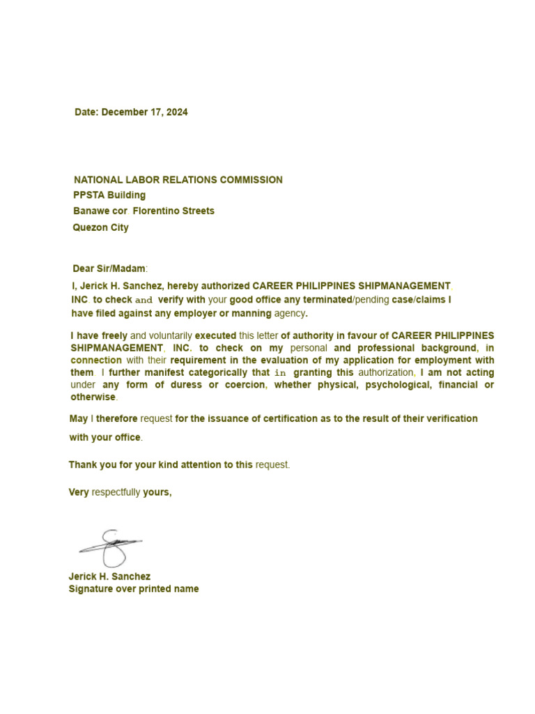1. Career Authorization Letter - Jerick Sanchez | PDF