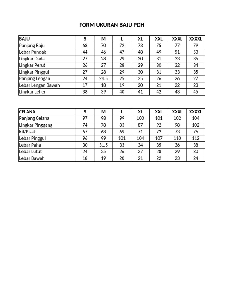 Form Ukuran Baju PDH | PDF