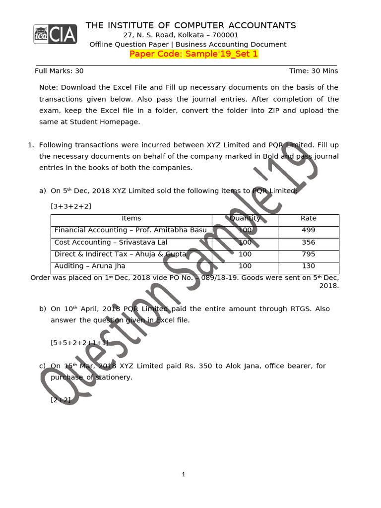 Busi. Acct Sample'19 Set 1 | PDF