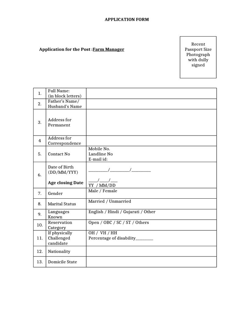 Farm Manager Application Form | PDF