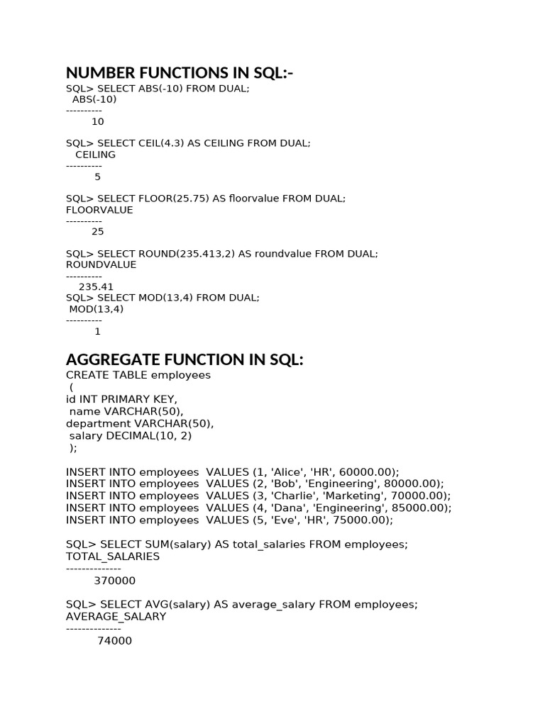 FUNCTIONS IN SQL | PDF | Sql | Databases