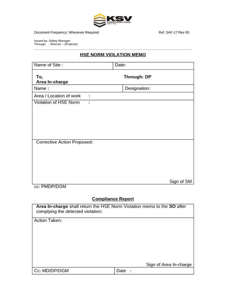 HSE Norm Violation Memo Template | PDF