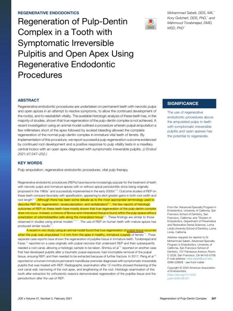 Regeneration of Pulp-Dentin Complex Open Apex Regenerative Endodontics | PDF | Medical ...