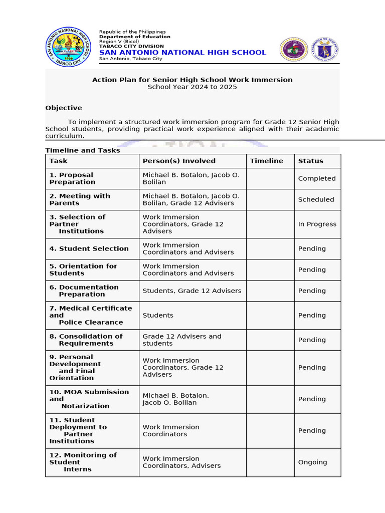 Work Immersion Action Plan | PDF