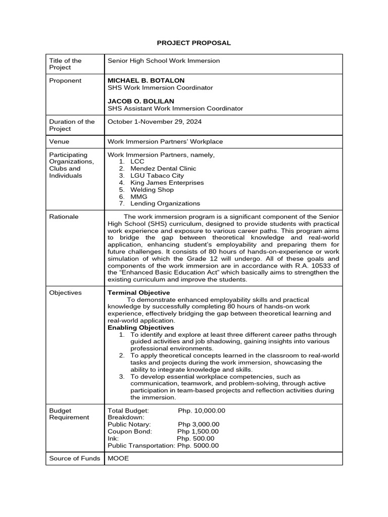 Work Immersion Proposal 2024 | PDF | Behavior Modification | Cognition