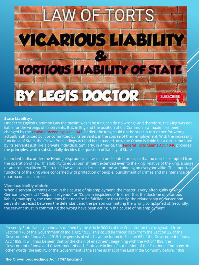 Vicarious Liability of State - PPTX - Autosaved | PDF | Tort | Legal Liability