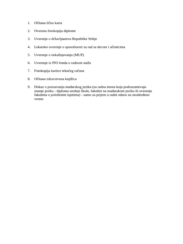 Dokumenta Za Stupanje U Radni Odnos | PDF