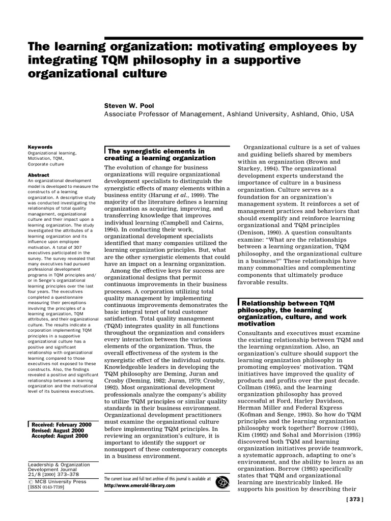 The Learning Organization: Motivating Employees by Integrating TQM ...
