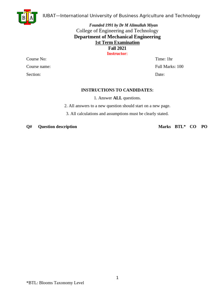 Question Template For 1st Term | PDF