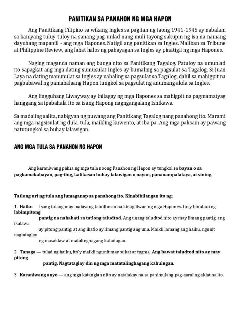 Panitikan Sa Panahon NG Mga Hapon 1 | PDF
