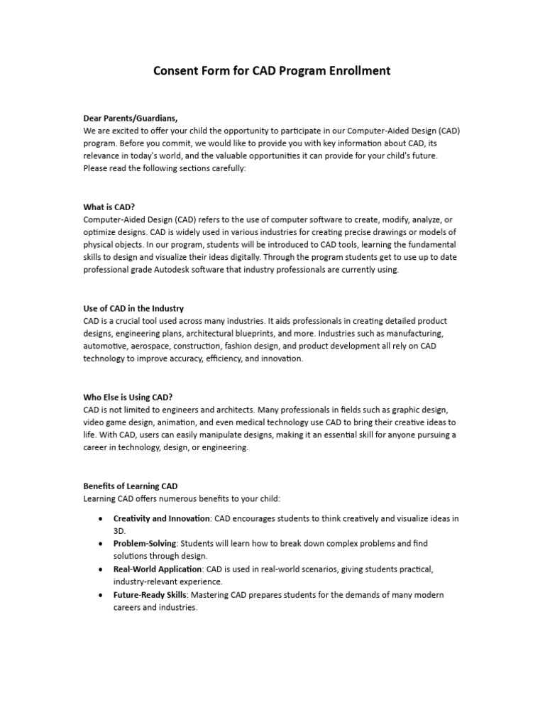 CAD Program Enrollment Consent Form | PDF | Computer Aided Design