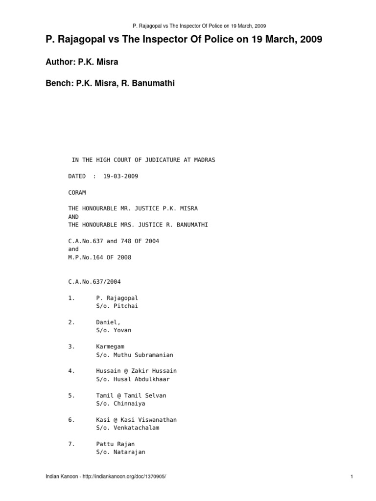 P Rajagopal vs the Inspector of Police - 2312 | PDF | Prosecutor ...