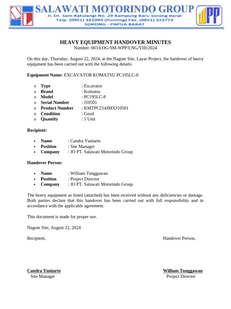 Heavy Equipment Handover Minutes Trip Ketiga | PDF