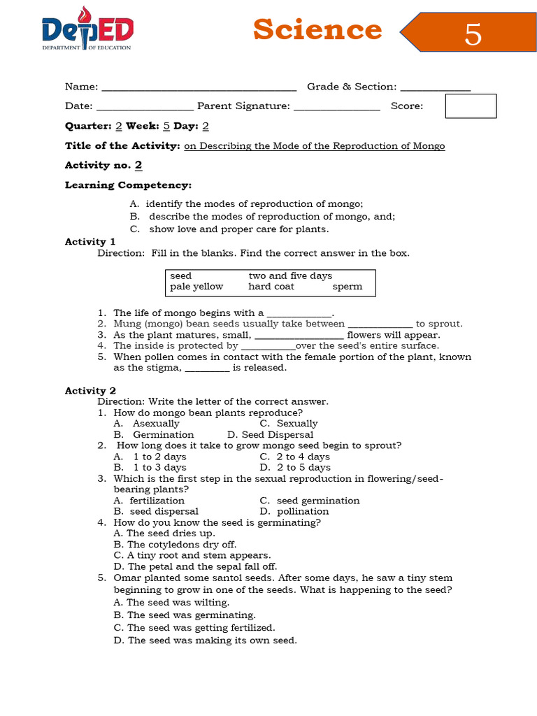 Science-5-Q2-DW14 | PDF | Seed | Flowers