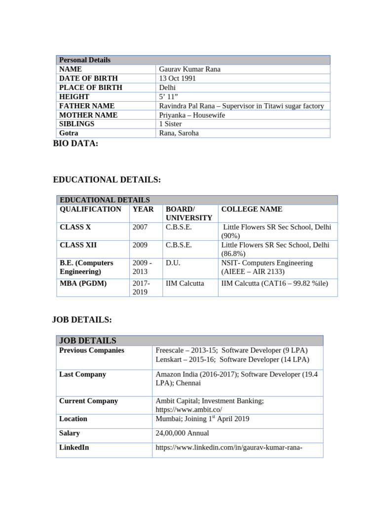 Gaurav - Kumar - Rana Biodata | PDF